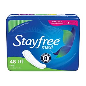 stayfree maxi super long pads for women, wingless, reliable protection and absorbency of feminine periods, 48 count