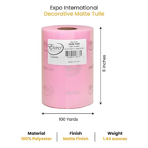 Expo International Decorative Matte Tulle, Spool of 6 Inches X 100 Yards, Polyester-Made Tulle Fabric, Matte Finish, Lightweight, Versatile, Washable, Easy-to-Use Pink