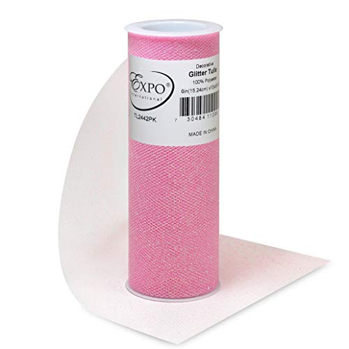 Expo International Decorative Glitter Tulle, Roll/Spool of 6 Inches X 10 Yards, Polyester-Made Tulle Fabric, Glittery Finish, Versatile, Easy-to-Use, Pink