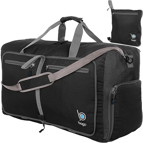 Bago Travel Duffel Bags for Traveling Women & Men- Foldable Weekender Bag - 60L 23" Medium Duffle Bag For Travel Camping Sports Hospital Bag - Packable Lightweight Overnight Luggage bag (Black)