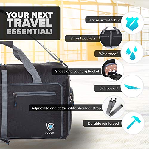 Bago Travel Duffel Bags for Traveling Women & Men- Foldable Weekender Bag - 60L 23" Medium Duffle Bag For Travel Camping Sports Hospital Bag - Packable Lightweight Overnight Luggage bag (Black)