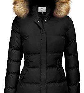 WenVen Women's Winter Thicken Padded Coat Parka Jacket with Fur Hood (Black,L)