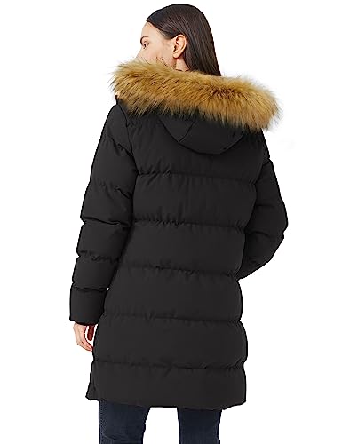 WenVen Women's Winter Thicken Padded Coat Parka Jacket with Fur Hood (Black,L)