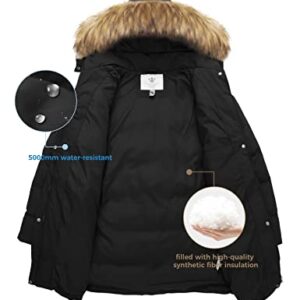 WenVen Women's Winter Thicken Padded Coat Parka Jacket with Fur Hood (Black,L)