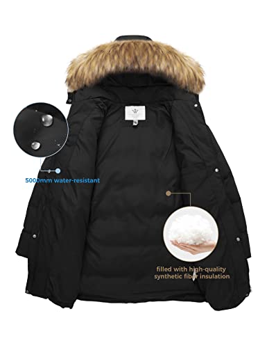 WenVen Women's Winter Thicken Padded Coat Parka Jacket with Fur Hood (Black,L)