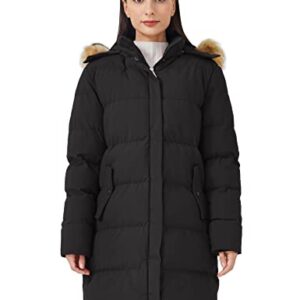 WenVen Women's Winter Thicken Padded Coat Parka Jacket with Fur Hood (Black,L)