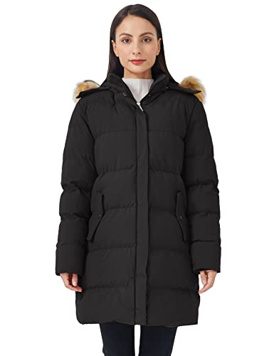 WenVen Women's Winter Thicken Padded Coat Parka Jacket with Fur Hood (Black,L)