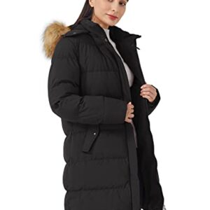 WenVen Women's Winter Thicken Padded Coat Parka Jacket with Fur Hood (Black,L)