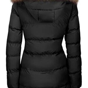 WenVen Women's Winter Thicken Padded Coat Parka Jacket with Fur Hood (Black,L)