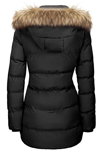 WenVen Women's Winter Thicken Padded Coat Parka Jacket with Fur Hood (Black,L)