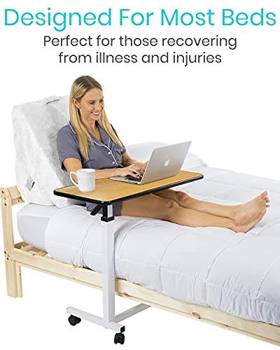 Vive Overbed Table (XL) - Hospital Bed Table - Swivel Wheel Rolling Tray - Adjustable Over Bedside Home Desk - Laptop, Reading, Eating Breakfast Cart Stand - Bedridden, Elderly (Brown)