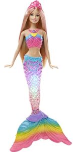 barbie dreamtopia doll, rainbow lights mermaid with glimmering light-up rainbow tail, headband and blonde hair