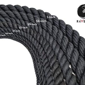 Ravenox Natural Twisted Cotton Rope | (Black)(1/2 Inch x 10 Feet) | Made in The USA | Strong Triple-Strand Rope for Sports, Décor, Pet Toys, Crafts, Macramé & Indoor Outdoor Use