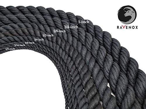 Ravenox Natural Twisted Cotton Rope | (Black)(1/2 Inch x 10 Feet) | Made in The USA | Strong Triple-Strand Rope for Sports, Décor, Pet Toys, Crafts, Macramé & Indoor Outdoor Use