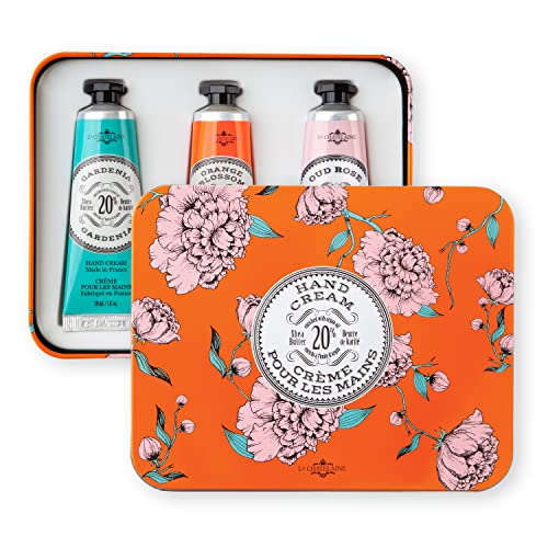 La Chatelaine Hand Cream Trio Tin Gift Set | Ready-To-Gift Tin | Natural | Made in France with 20% Organic Shea Butter | Nourishing and Moisturizing (Gardenia, Orange Blossom, Oud Rose) 3 x 1 fl. oz