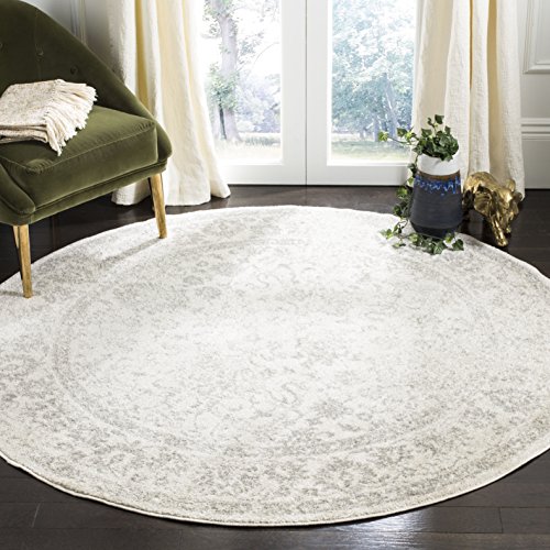 SAFAVIEH Adirondack Collection Area Rug - 4' Round, Ivory & Silver, Oriental Distressed Design, Non-Shedding & Easy Care, Ideal for High Traffic Areas in Living Room, Bedroom (ADR109C), 1.0" Thickness