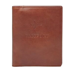 fossil leather rfid blocking passport holder case wallet, cognac (model: mlg0358222)