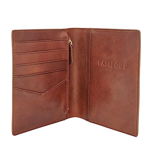 Fossil Leather RFID Blocking Passport Holder Case Wallet, Cognac (Model: MLG0358222)