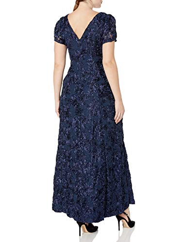 Alex Evenings Women's Plus-Size Long A-Line Rosette Dress with Short Sleeves, Navy, 16W