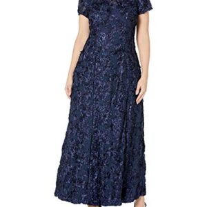 Alex Evenings Women's Plus-Size Long A-Line Rosette Dress with Short Sleeves, Navy, 16W