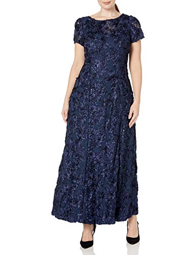 Alex Evenings Women's Plus-Size Long A-Line Rosette Dress with Short Sleeves, Navy, 16W