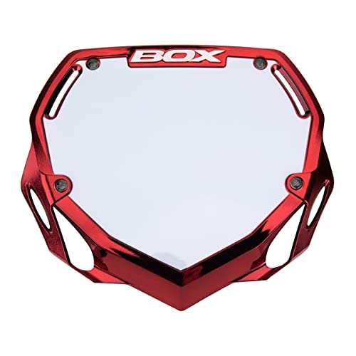 Box Components Box Two 3D Impact Resistant Number Plate w/Adjustable Velcro Straps for Kids and Adults, Mini, Strider, Pro, Dirt BMX Bikes, Bicycle Parts, Small or Large (Large, Chrome Red)