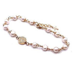 SIFRIMANIA Freshwater Cultured Pearls Catholic Image Adjustable Bracelet for Women Bride Jewerly (Saint Benedict Medal)