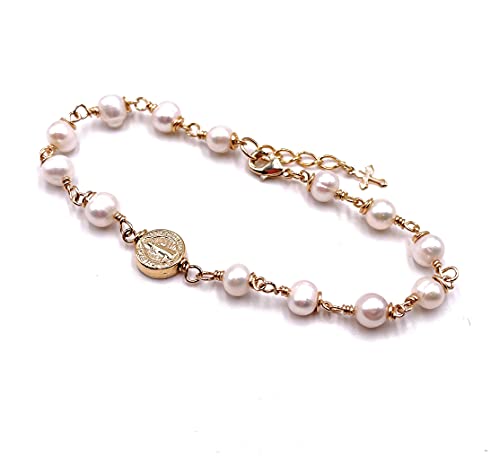 SIFRIMANIA Freshwater Cultured Pearls Catholic Image Adjustable Bracelet for Women Bride Jewerly (Saint Benedict Medal)