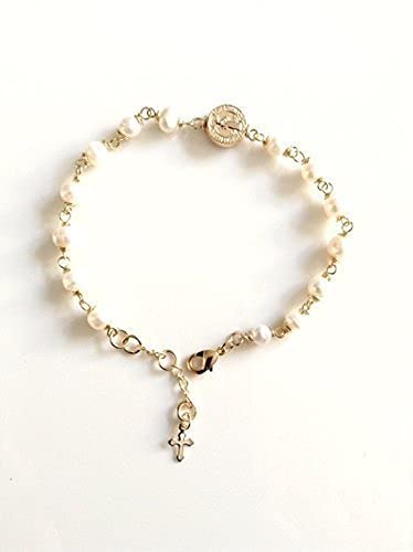 SIFRIMANIA Freshwater Cultured Pearls Catholic Image Adjustable Bracelet for Women Bride Jewerly (Saint Benedict Medal)