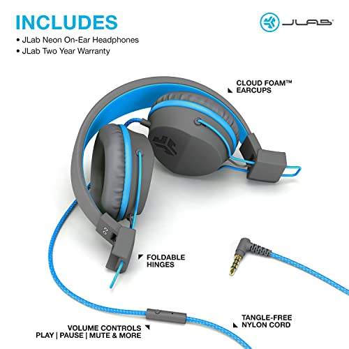 JLab Audio Neon Headphones On-Ear Feather Light, Ultra-plush Eco Leather, 40mm drivers, GUARANTEED FOR LIFE - Graphite/Blue