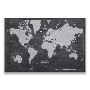 conquest maps world travel map with pins modern slate style push pin travel map cork board, track your travels w/a handmade unique canvas pinable map (24" x 16")