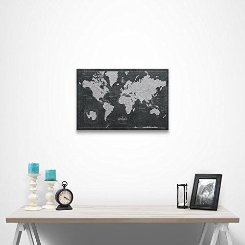 Conquest Maps World Travel Map with Pins Modern Slate Style Push Pin Travel Map Cork Board, Track Your Travels w/a Handmade Unique Canvas Pinable Map (24" x 16")