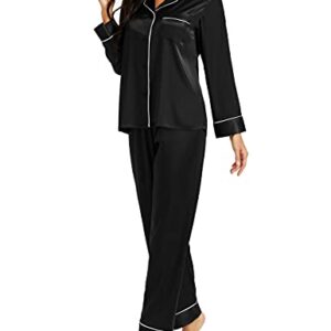 Womens Silk Satin Pajamas Set Sleepwear Loungewear Black L