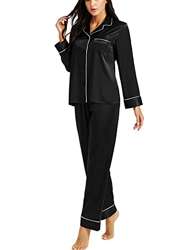 Womens Silk Satin Pajamas Set Sleepwear Loungewear Black L