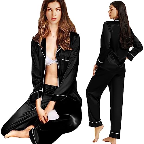 Womens Silk Satin Pajamas Set Sleepwear Loungewear Black L