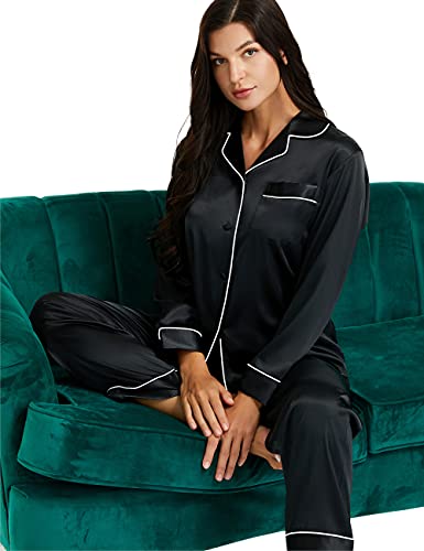 Womens Silk Satin Pajamas Set Sleepwear Loungewear Black L