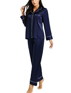 womens silk satin pajamas set sleepwear loungewear navyblue l