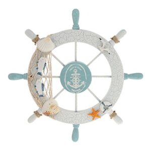 rienar nautical beach wooden boat ship steering wheel fishing net shell home wall decor white - fish