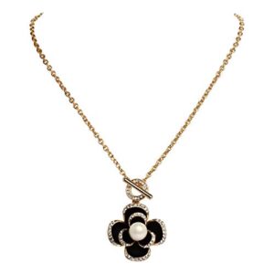 fashion jewelry designer statement enamel rhinestone camellia flower faux pearl charm pendant necklace for women (black)