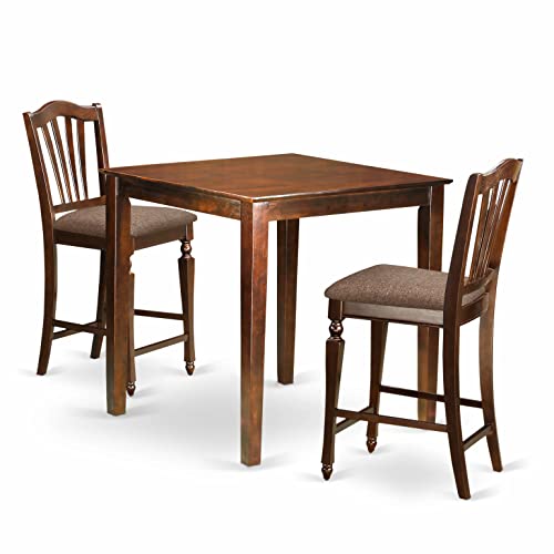 East West Furniture VNCH3-MAH-C Vernon 3 Piece Kitchen Counter Height Dining Set Contains a Square Pub Table and 2 Linen Fabric Upholstered Chairs, 36x36 Inch, Mahogany