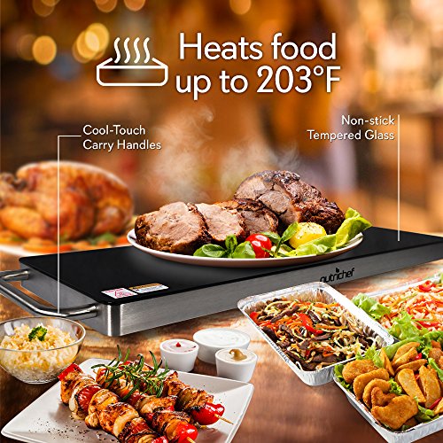 NutriChef Portable Electric Food Hot Plate-Stainless Steel Warming Tray&Dish Warmer with Black Glass Top-Keep Food Warm for Buffets,Restaurants,Parties&Home Dinners-22' x 6'-Heats up to 203°F