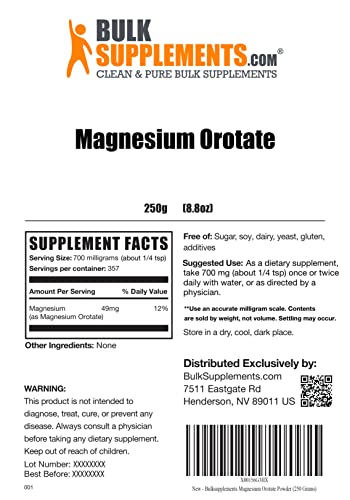 BulkSupplements.com Magnesium Orotate Powder - Magnesium Supplement, High Absorption Magnesium, Magnesium Orotate Supplements - Gluten Free, 700mg (49mg of Magnesium) per Serving, 250g (8.8 oz)