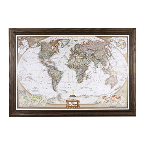 Push Pin Travel Maps Executive World with Solid Wood Brown Frame and Pins - 27.5 inches x 39.5 inches