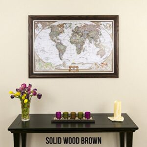 Push Pin Travel Maps Executive World with Solid Wood Brown Frame and Pins - 27.5 inches x 39.5 inches