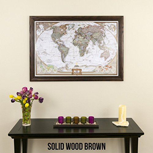 Push Pin Travel Maps Executive World with Solid Wood Brown Frame and Pins - 27.5 inches x 39.5 inches