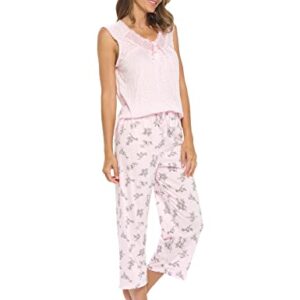 Casual Nights Women's Lace Sleeveless Top and Capri Bottom Sleepwear Pajama Set - Pink - X-Large