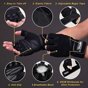 Trideer Padded Workout Gloves for Men - Gym Weight Lifting Gloves with Wrist Wrap Support, Full Palm Protection & Extra Grips for Weightlifting, Exercise, Cross Training, Fitness, Pull-up