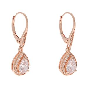 Anne Klein "Classics" Rose Gold-Tone Cubic Zirconia Leverback Pear Shape Drop Earrings