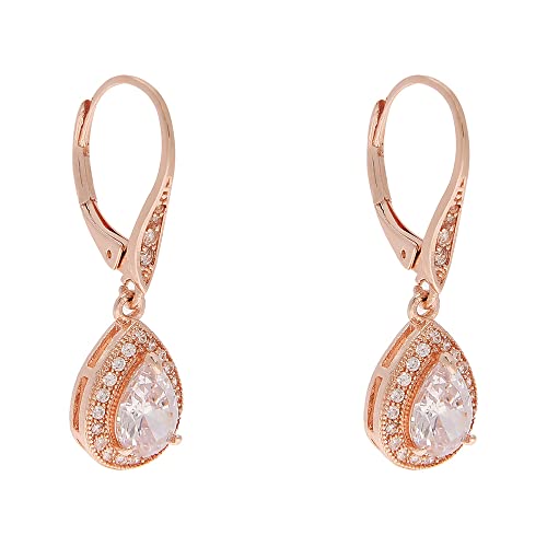 Anne Klein "Classics" Rose Gold-Tone Cubic Zirconia Leverback Pear Shape Drop Earrings