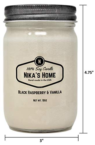 Nika's Home Black Raspberry & Vanilla Soy Candle 12oz Mason Jar Non-Toxic White Soy Candle-Hand Poured Handmade, Long Burning 50-60 Hours Highly Scented All Natural, Clean Burning Gift Décor